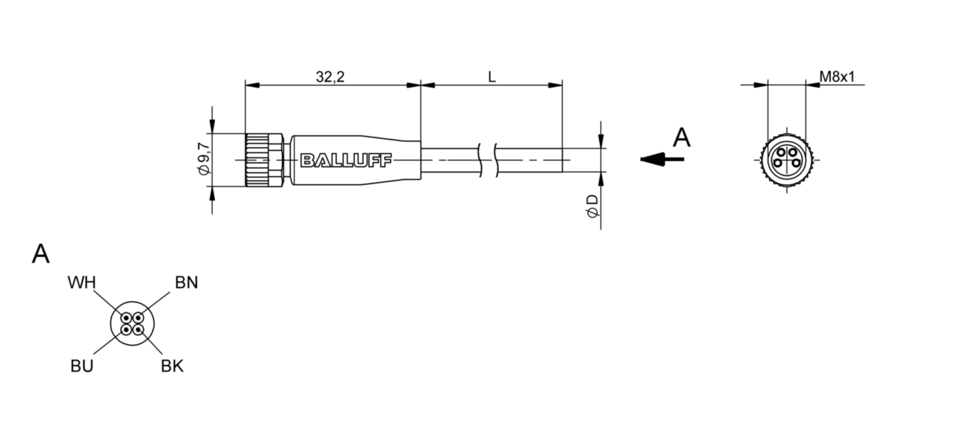 BCC0KZM (BCC M314-0000-10-003-PX0434-100-C028) 单头线缆 - BALLUFF